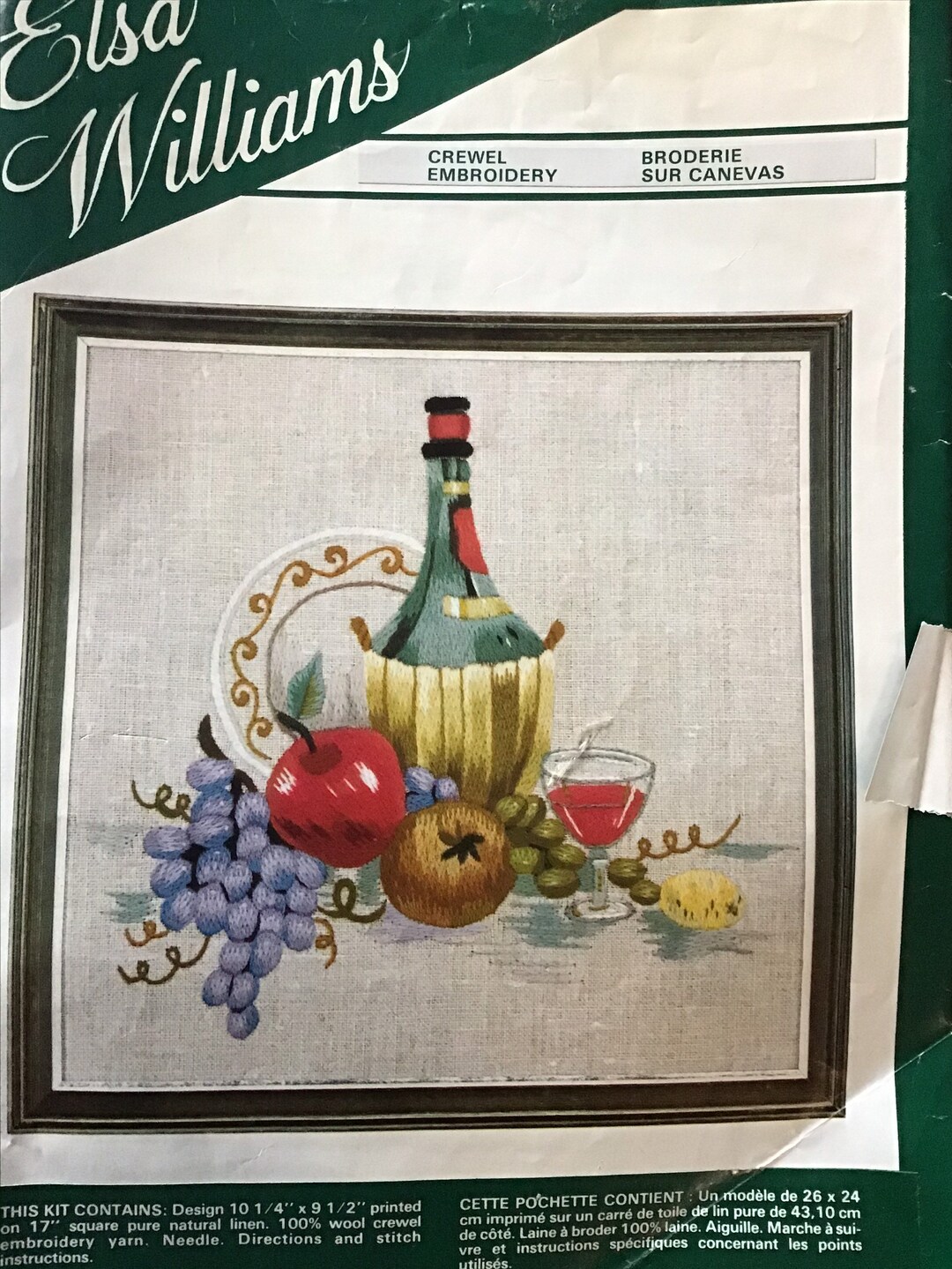Vintage Elsa Williams Crewel Embroidery Wine Still Life Approx Size 10 ...