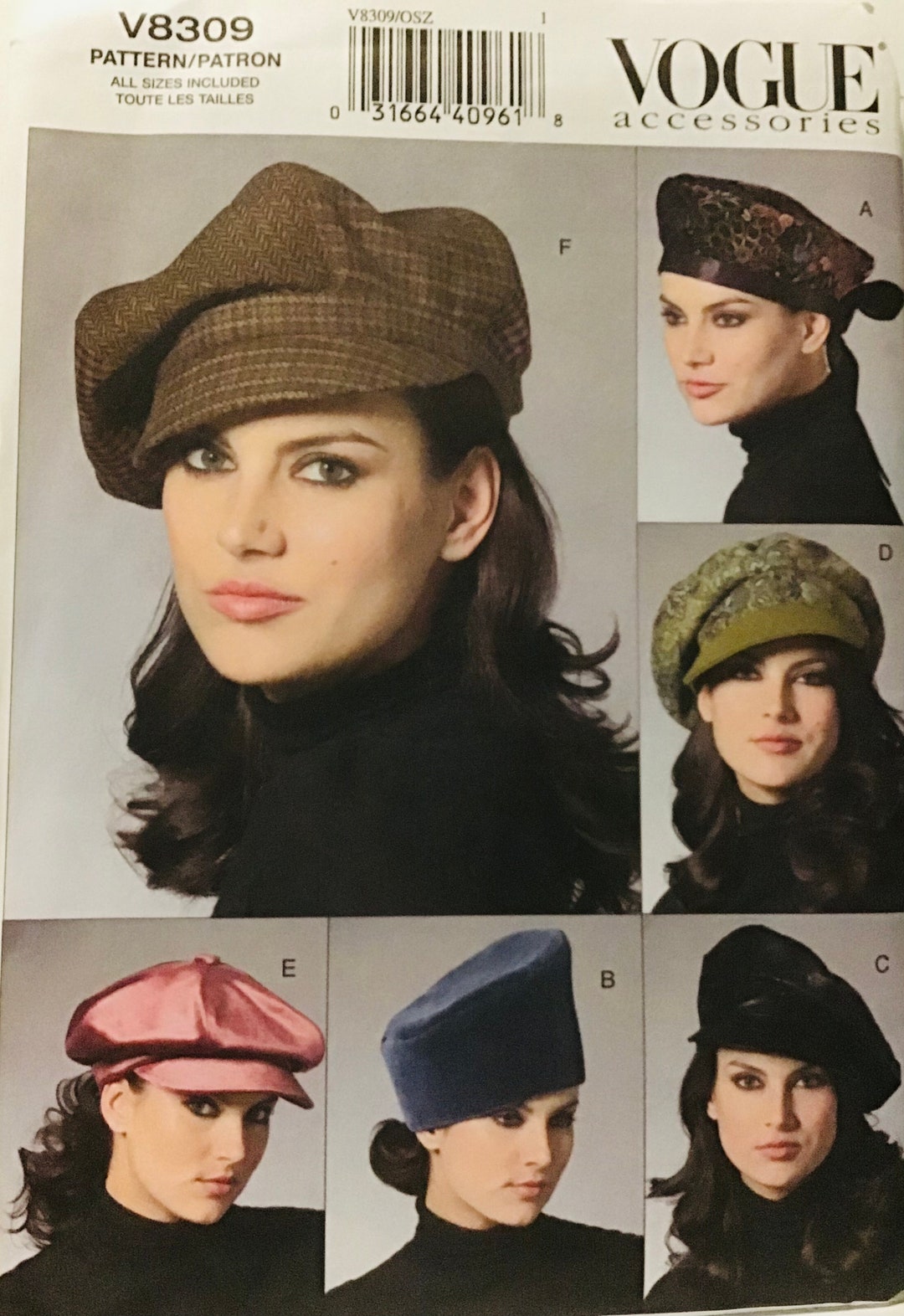 Sewing Pattern Vogue 8309 Womens Hat Size S-M-L 21.5-22.5-23.5 Uncut ...
