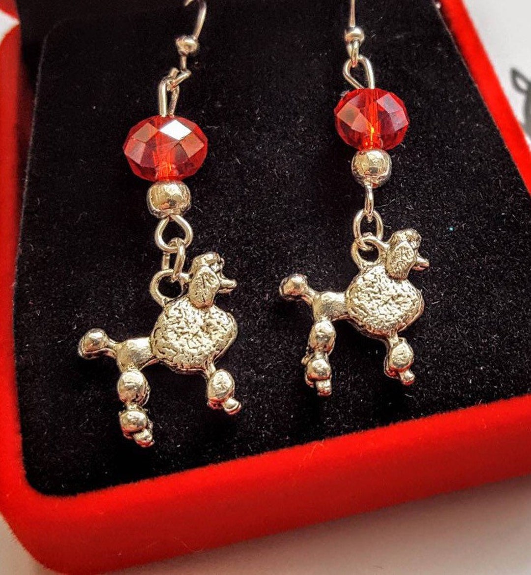 Silver Detailled Poodle Earrings, Sparkly Crystal Poodle Jewellery, Red ...