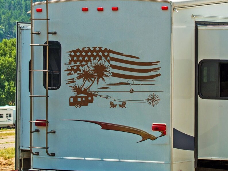 Patriotic Beach Rv Camper Decal With Flag and Personalized With Trailer ...