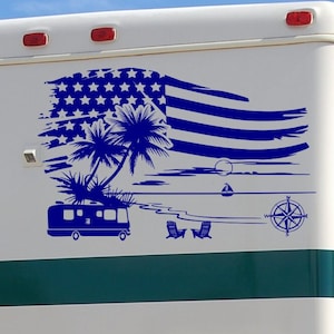 Patriotic Beach Rv Camper Decal With Flag and Personalized With Trailer ...