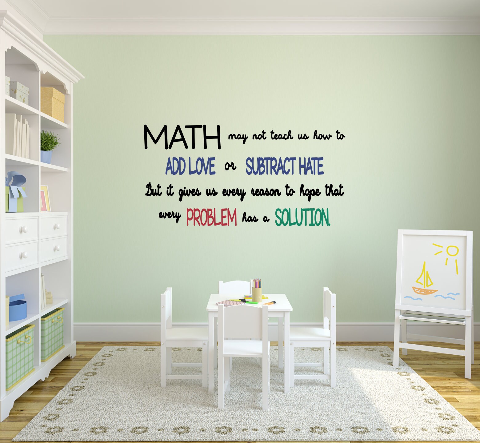 Math vinyl wall decals for classroom // add love, subtract hate