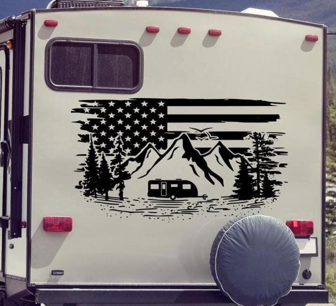 Patriotic RV Decal: Distressed American Flag, Mountain Scene - Etsy