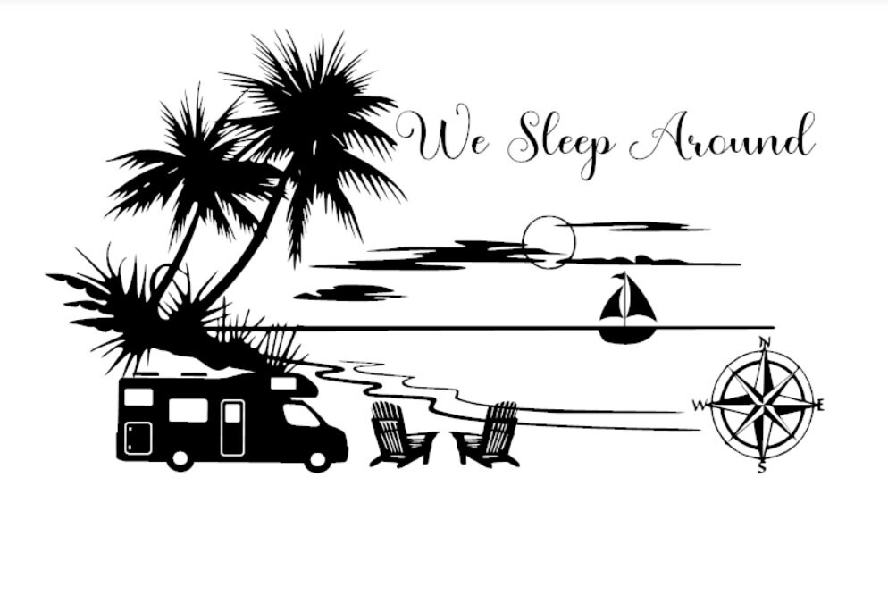 18 x 31 inches WHITE We sleep around decal with beach, class C rv ...