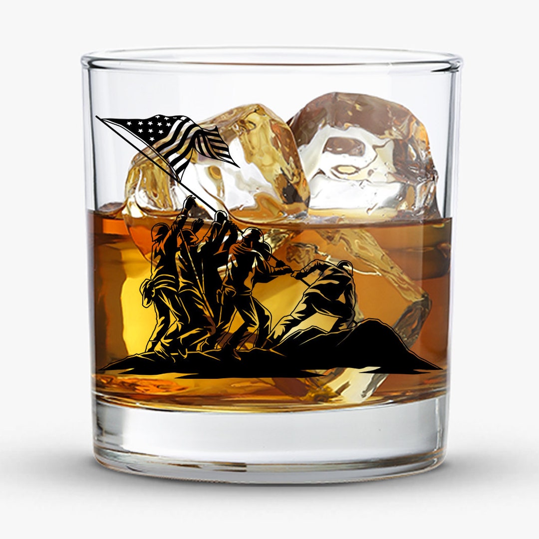 USMC Whiskey Glass, Engraved Raising the Flag on Iwo Jima Rocks Glass ...