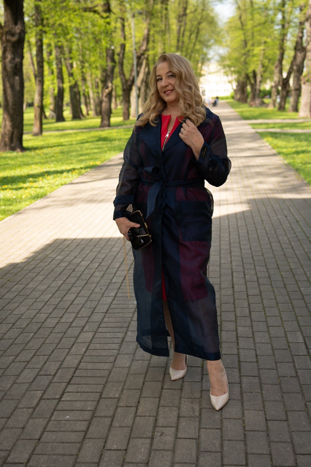 Women's Elegant Organza Trench Coat, Blue Nevi Color Coat, Chic Style ...