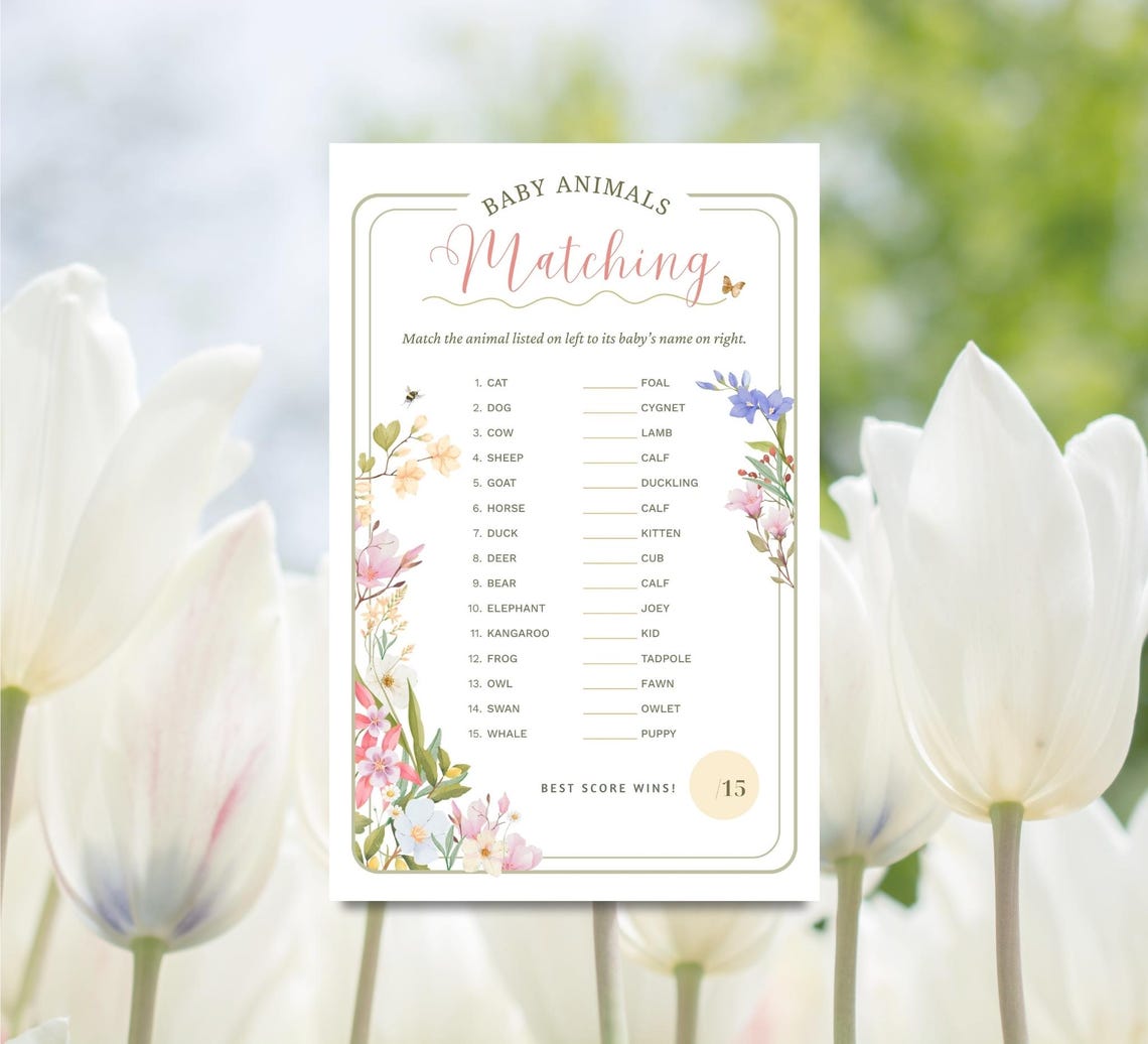 Baby Animal Matching Game: Wildflower Girl Baby Shower (PDF Download ...