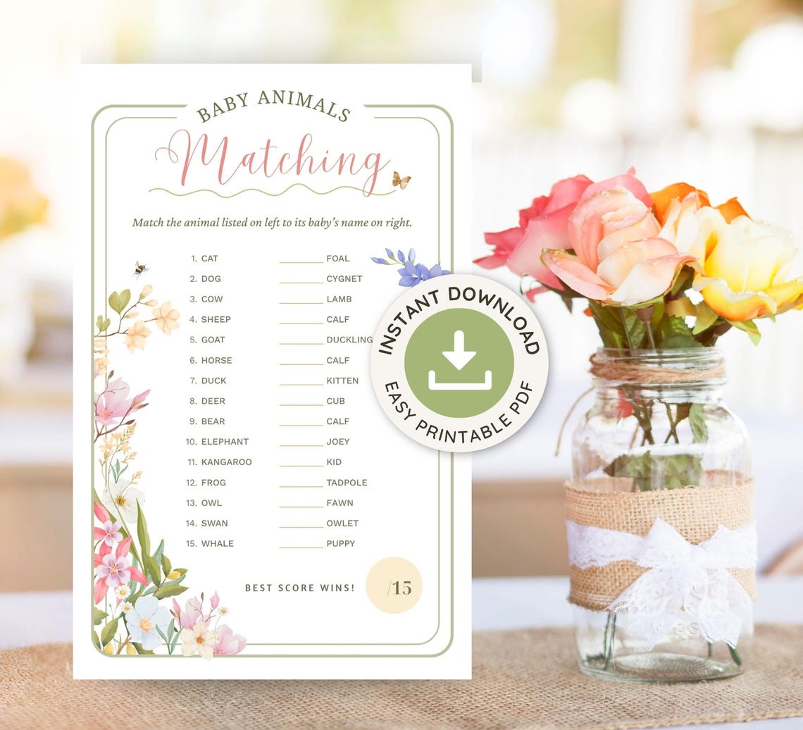 Baby Animal Matching Game: Wildflower Girl Baby Shower (PDF Download ...