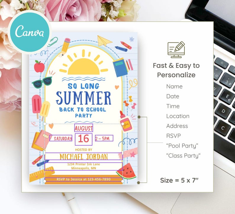 Back to School Party Invitation: Editable Canva Template (5x7" Digital ...