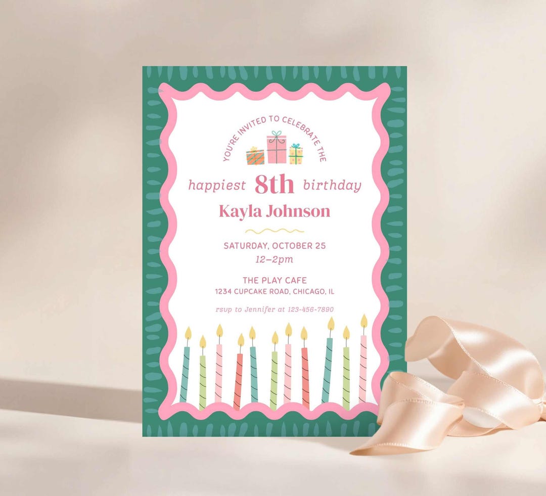 Girl's Birthday Party Invitation, 5x7" Colorful Pink Candles Design ...