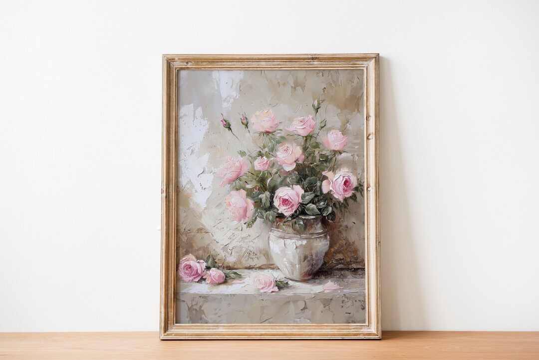 Pink Rose Floral Art Print: Shabby Chic Cottagecore Decor (digital ...