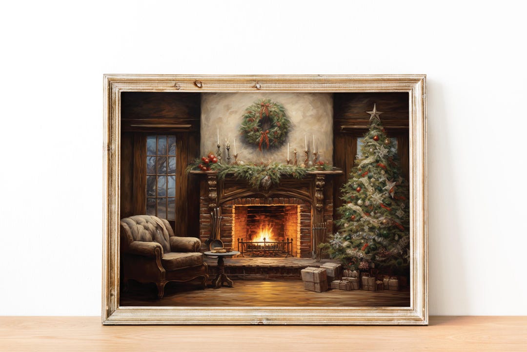 Vintage Christmas Fireplace Art Print: Cozy Holiday Decor (digital ...