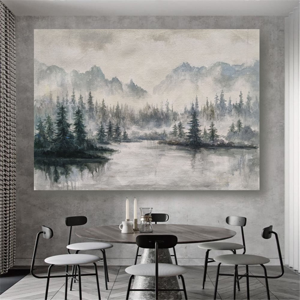 Large Minimalist Forest Paintingmountain Lake Landscapewall - Etsy