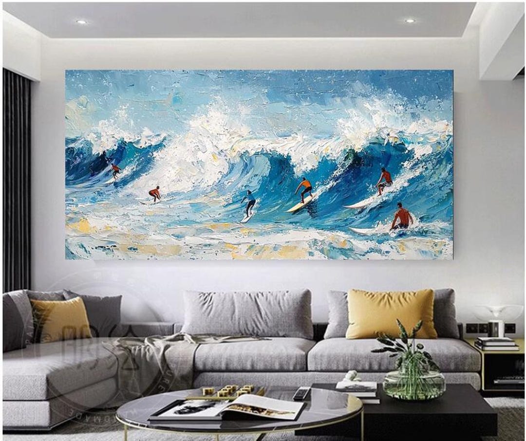 Handmade Surfing Oil Painting on Canvas: Abstract Ocean Waves Wall Art ...