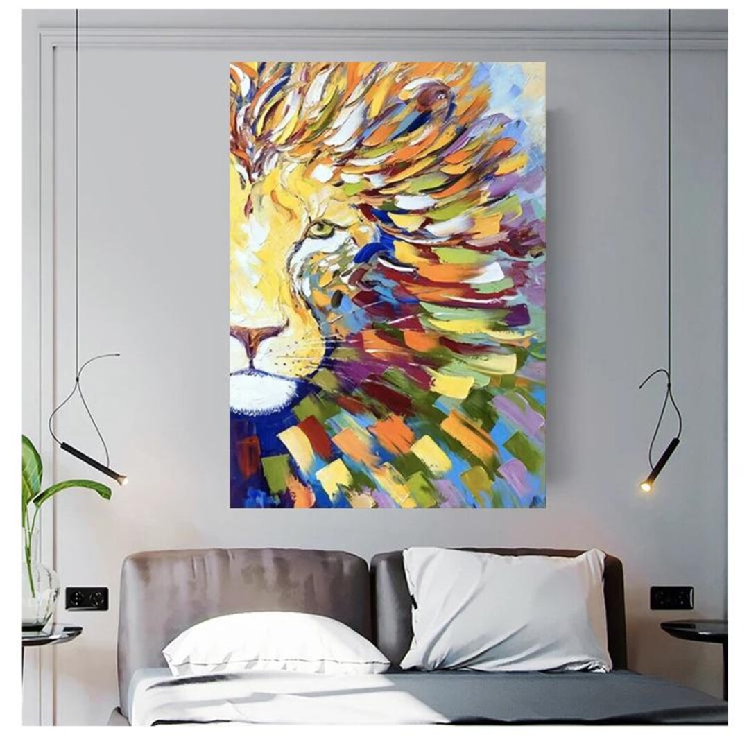 Hand-painted Lion Oil Painting: Large Abstract Animal Canvas Wall Art ...