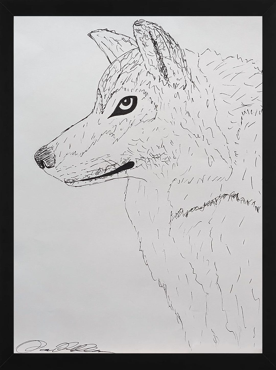 Wolf Ink Drawing on Paper Minimalist Art Hand-drawn Black & White ...