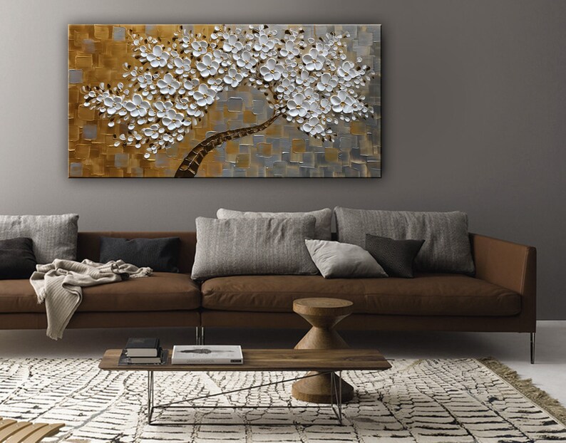 3D Texture Oil Painting: Abstract Tree & Flowers Canvas Art - Etsy