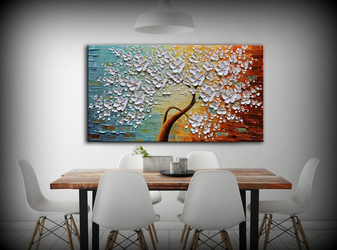 Oil Painting on Canvas 3D Texture Palette Knife Tree White Flowers ...
