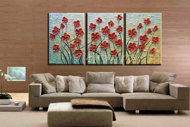3 Piece Canvas Wall Art . Handmade Original Oil Painting on Canvas Red ...