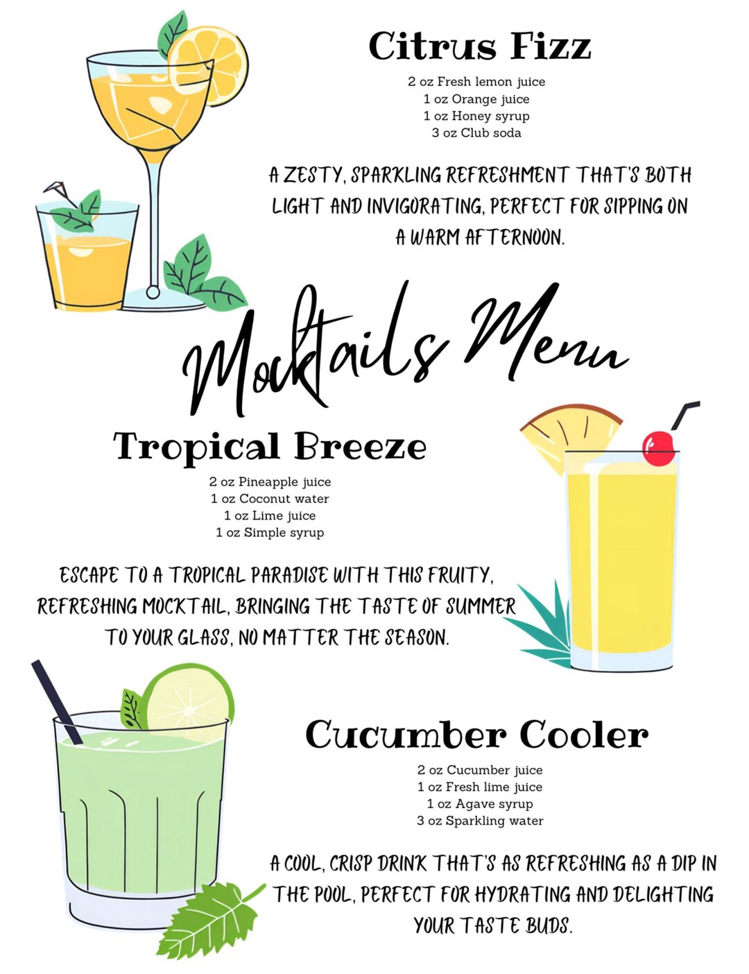 Printable Mocktails Menu, Non-alcoholic Drinks, Bar Menu PDF, Fun ...