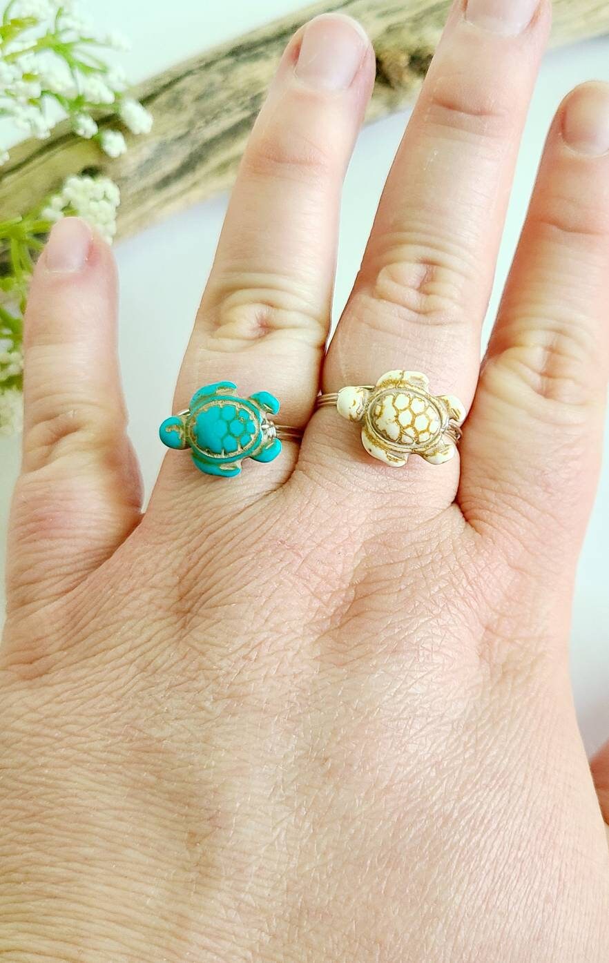 Turquoise Sea Turtle Ring Ivory Turtle Ring White Wire Wrapped Sea ...