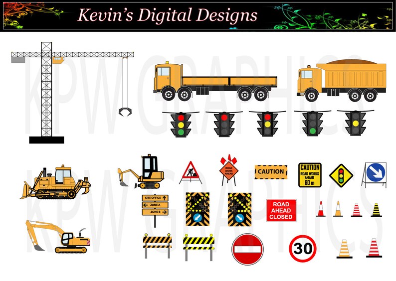 Construction Clip-art Set 6 With Vehicles and Accessories in Quality ...