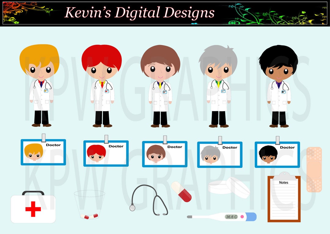 Cute Boy Doctors Clip-art Set in a PNG 300ppi Format. Personal & Small ...