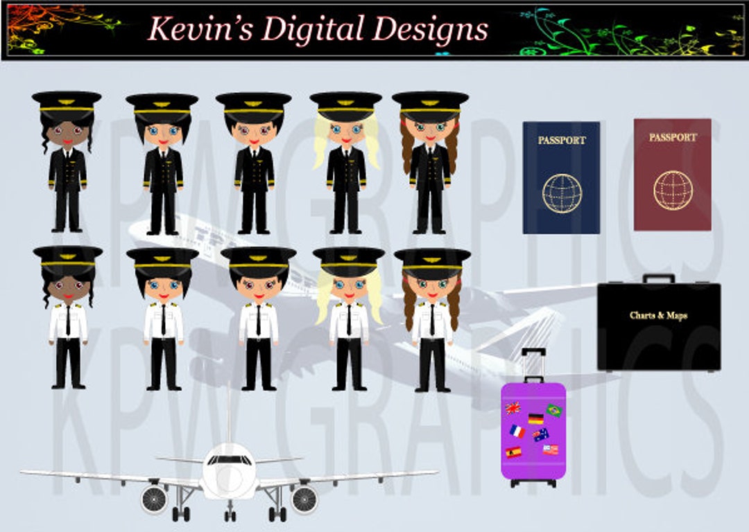 Cute Girl Aircraft Pilots Clip-art Set in a PNG 300ppi - Etsy