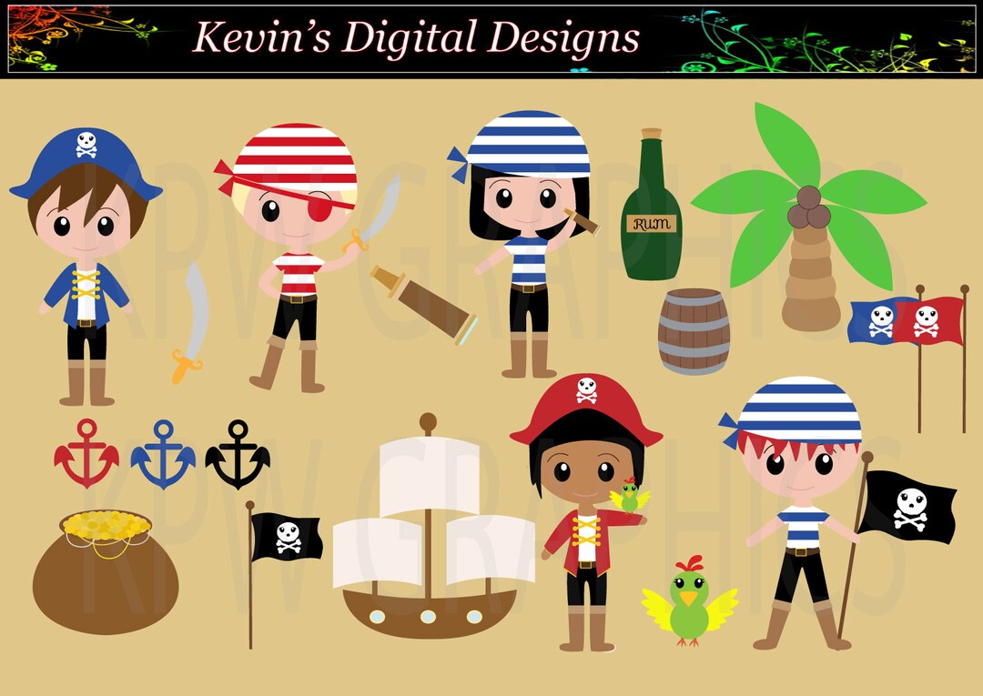 Pirate Boys Clip-art Set in a PNG 300ppi Format. Personal & Small ...
