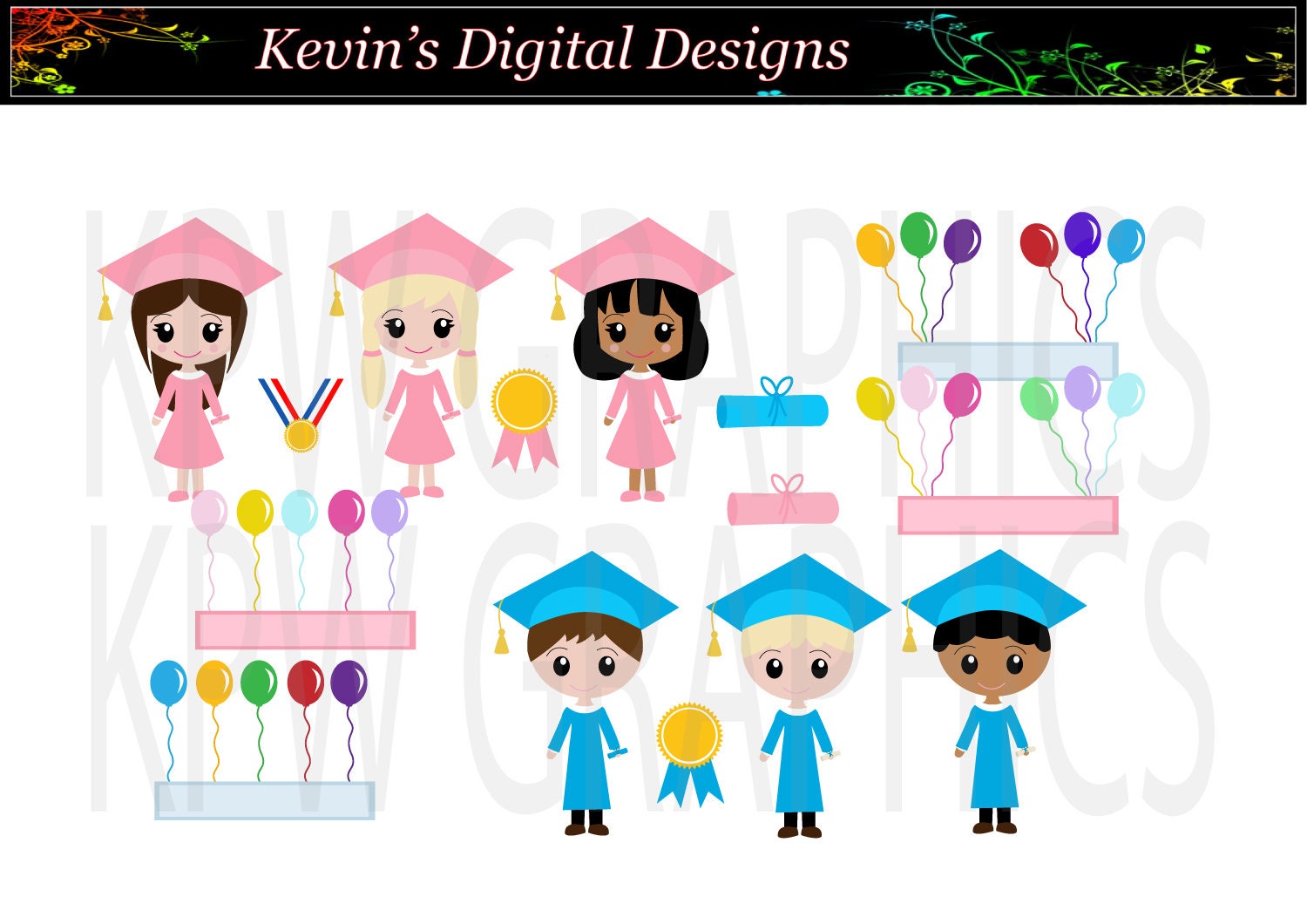 Graduation Girls and Boys in Pink and Blue Clip-art Set in a PNG 300ppi ...