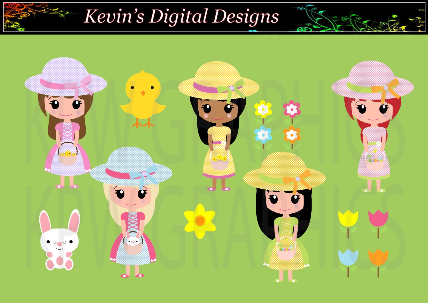 Easter Spring Girls Clip-art Set in a PNG 300ppi Format. | Etsy