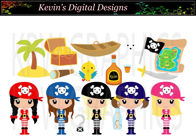 Girl Island Pirates Clip-art Set in a PNG 300ppi Format. Personal ...