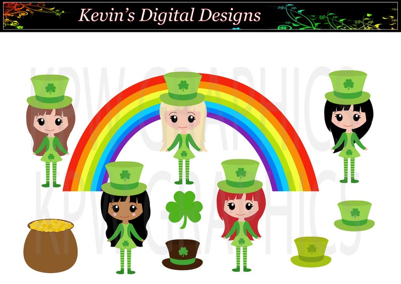 St Patricks Girls Clip-art Set in a PNG 300ppi Format. Personal & Small ...