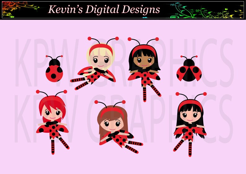 Ladybug Ladybird Girls Dolls Clip-art Set in a PNG 300ppi - Etsy UK