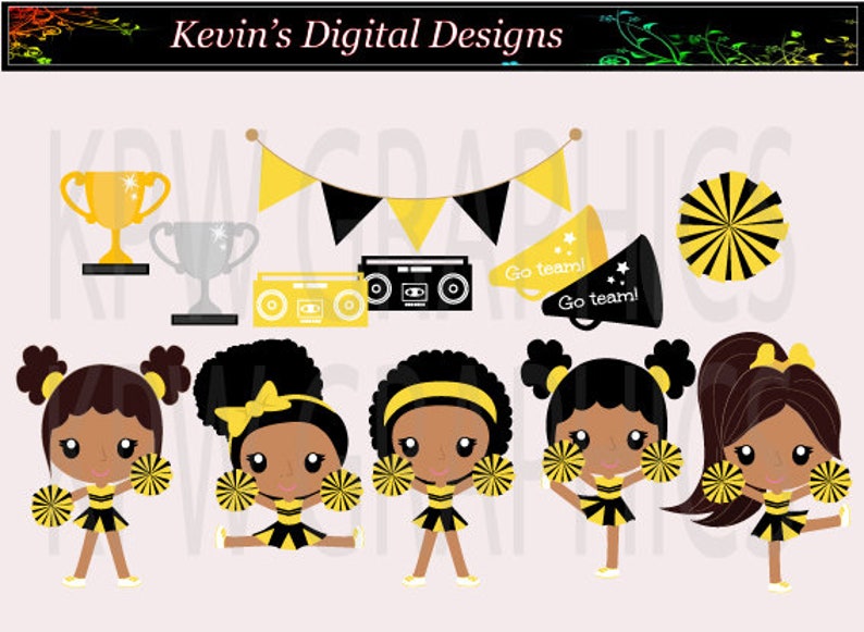 African American Yellow and Black Cheerleader Clip-art Set in - Etsy