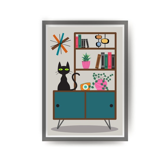 Mid Century Art Print Cat Owner Print Gift Black Cat Art - Etsy