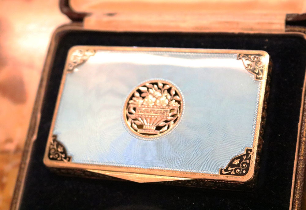 Rare Nissel & Sikora Silver Blue Enamel Compact Set Original Box Circa ...