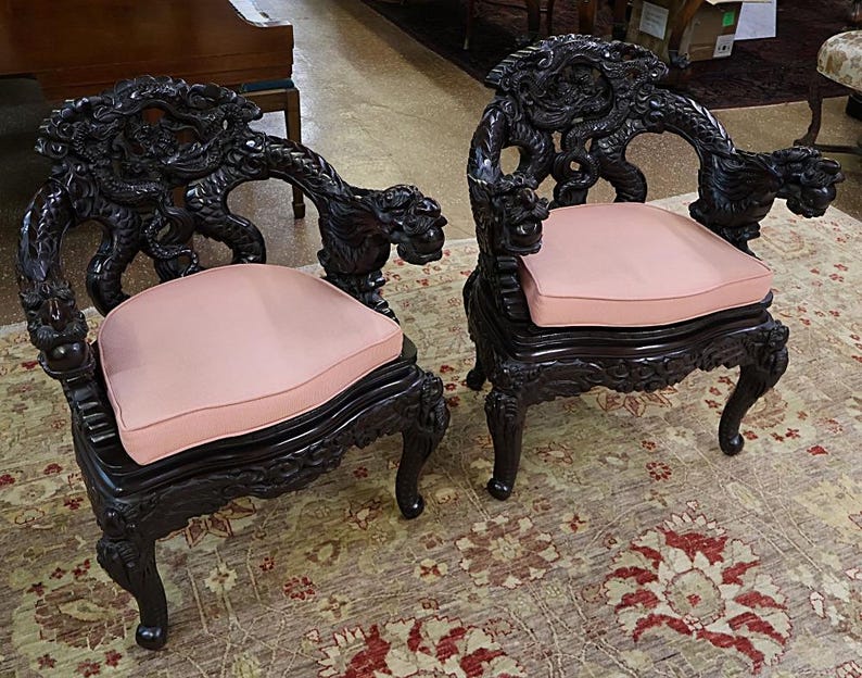 Antique Japanese Meiji Dragon Carved Teak Arm Chairs - Etsy