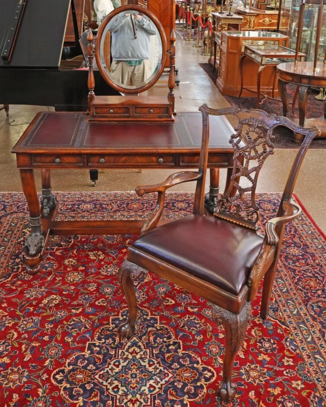 Theodore Alexander Mahogany Leather Tooled Rams Head Vanity Dressing ...