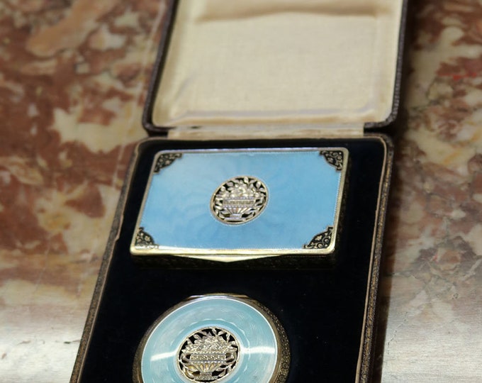 Rare Nissel & Sikora Silver Blue Enamel Compact Set Original Box Circa ...