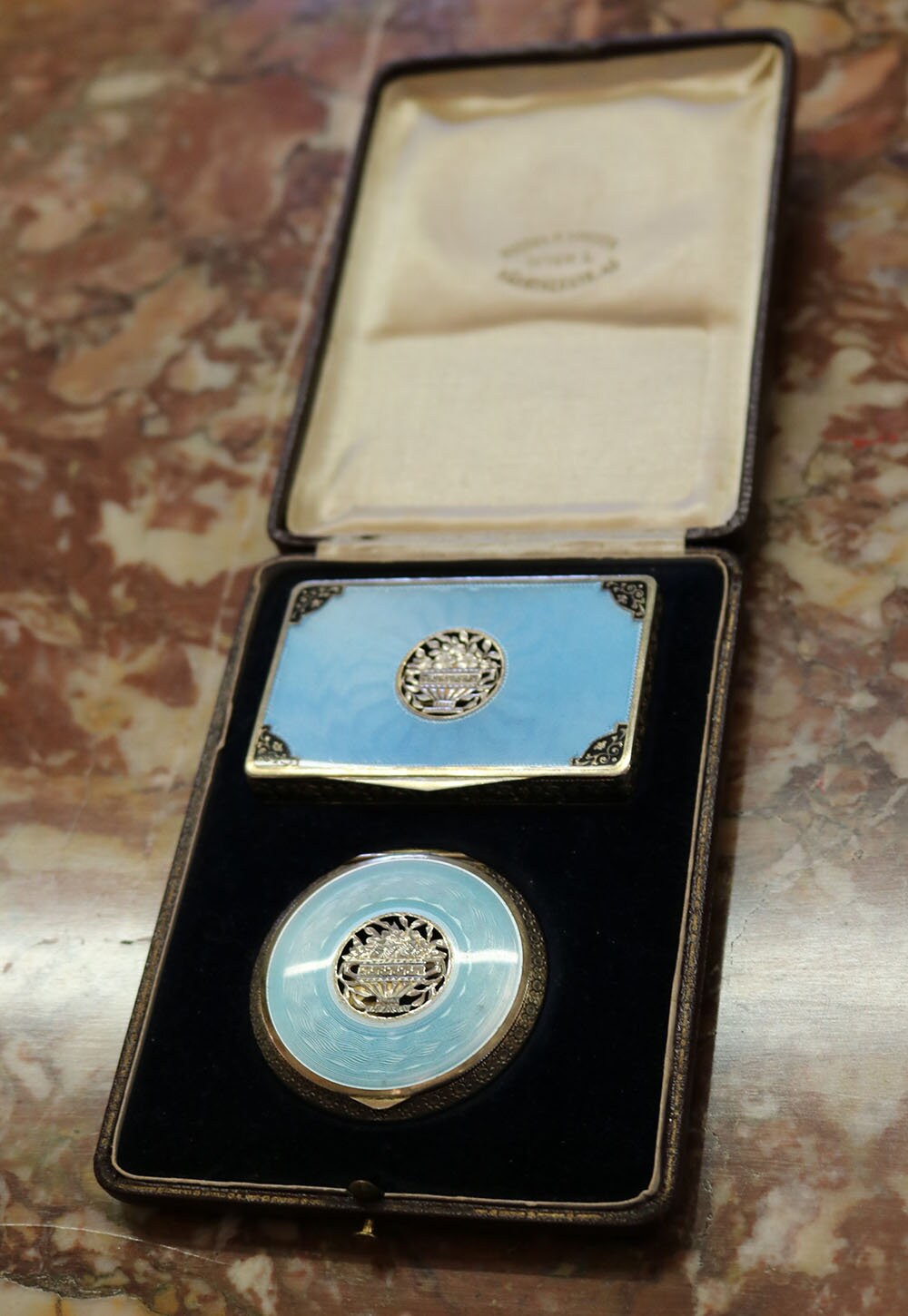 Rare Nissel & Sikora Silver Blue Enamel Compact Set Original Box Circa ...