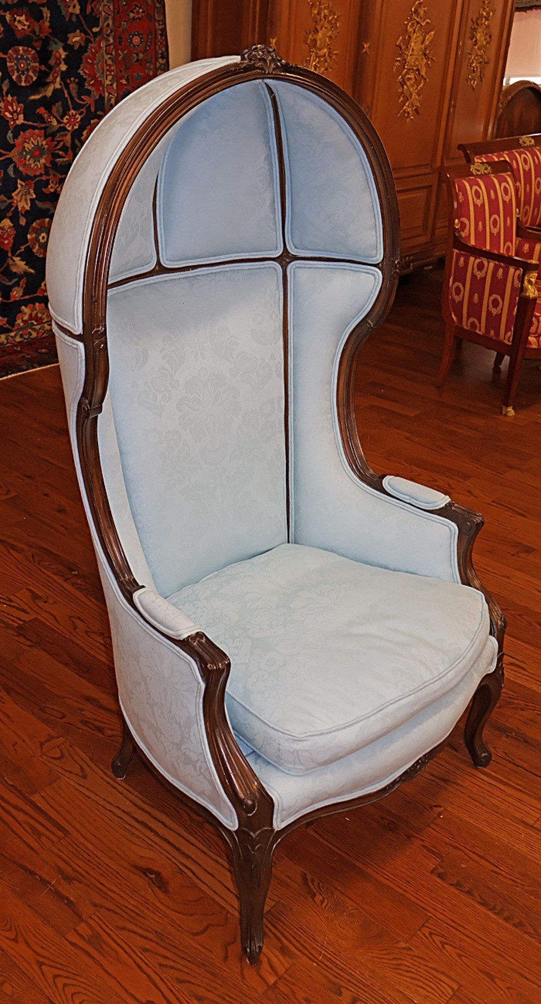 French Louis XV Style Blue Damask Fabric Hooded Porters Chair - Etsy
