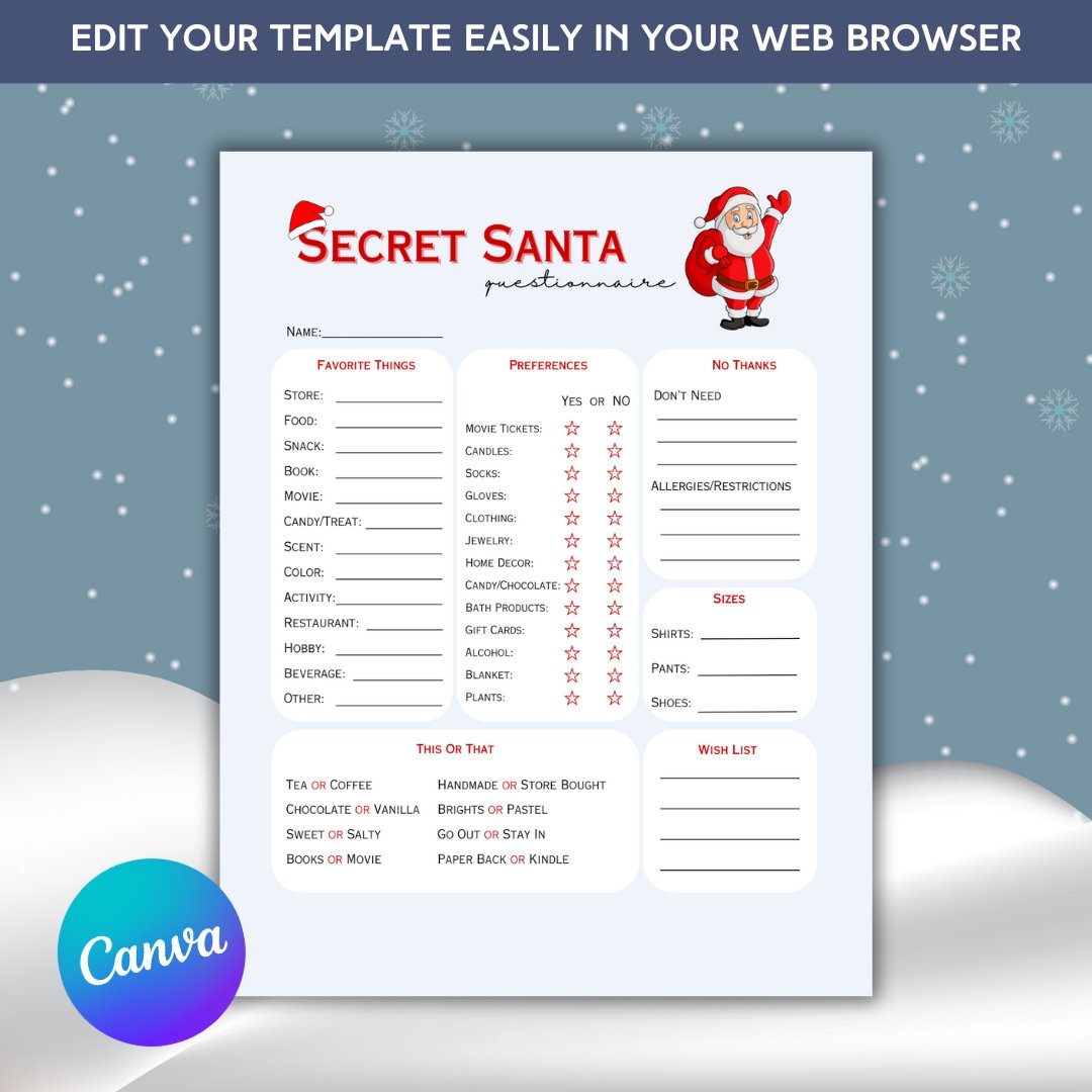 Editable Secret Santa Questionnaire Template for Work/office/family ...