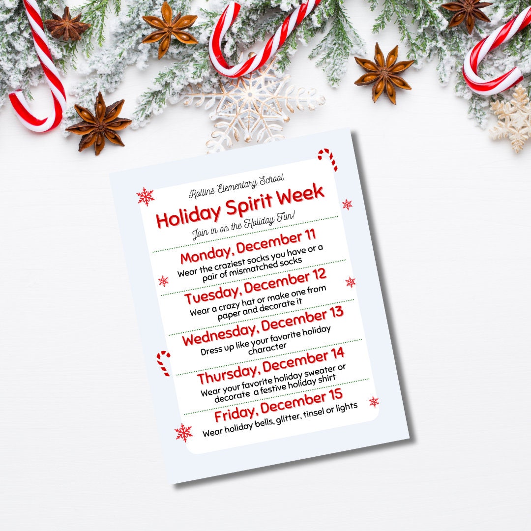 December School Spirit Week Itinerary Schedule, Christmas Winter School ...