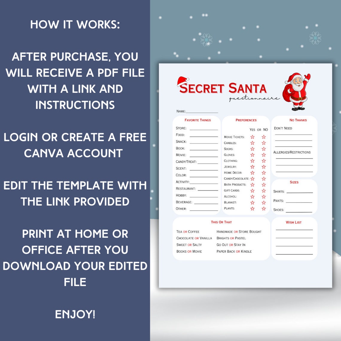 Editable Secret Santa Questionnaire Template for Work/office/family ...