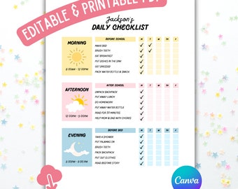 Kids Daily School Checklist, Schedule Printable, Editable Chore Chart ...