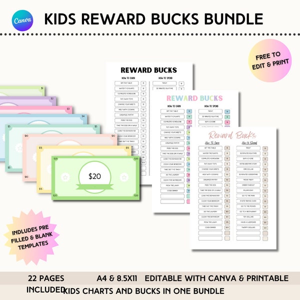 Editable Screen Time Chart, Printable Screen Reward Bucks, Reward Chart ...