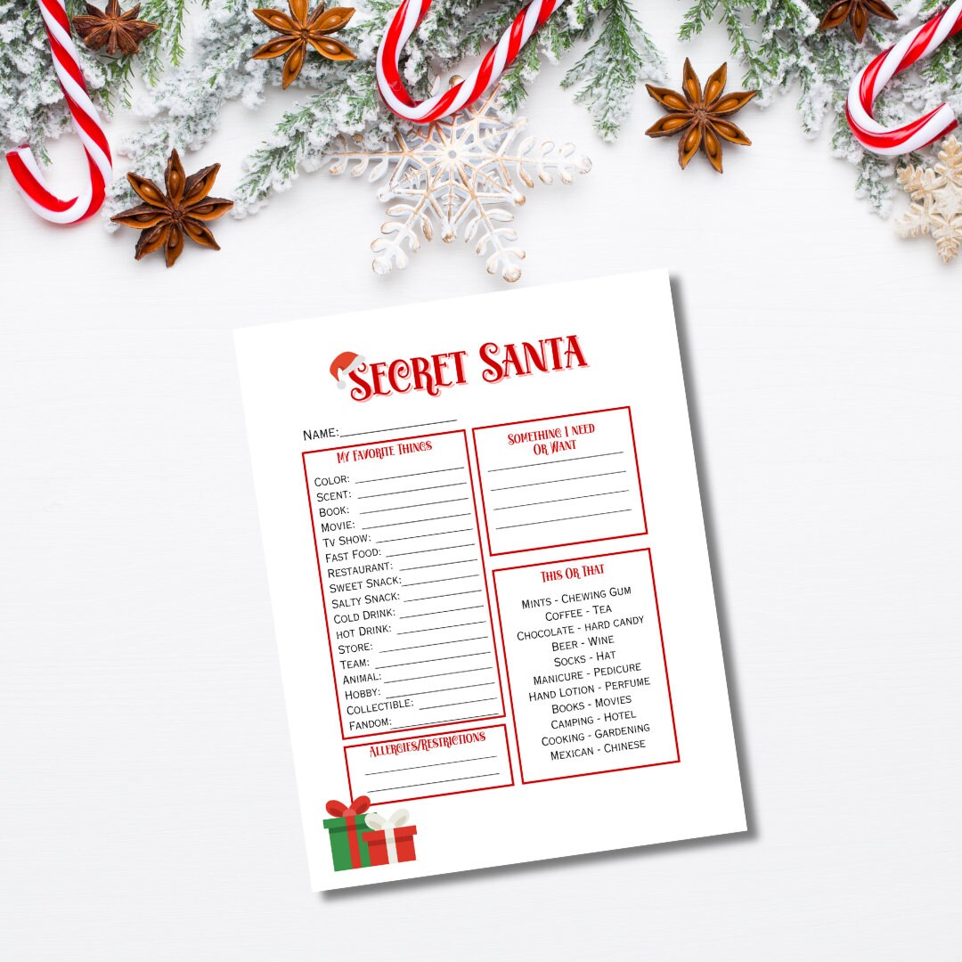 Co-worker Secret Santa Questionnaire, Office Secret Santa, Printable ...