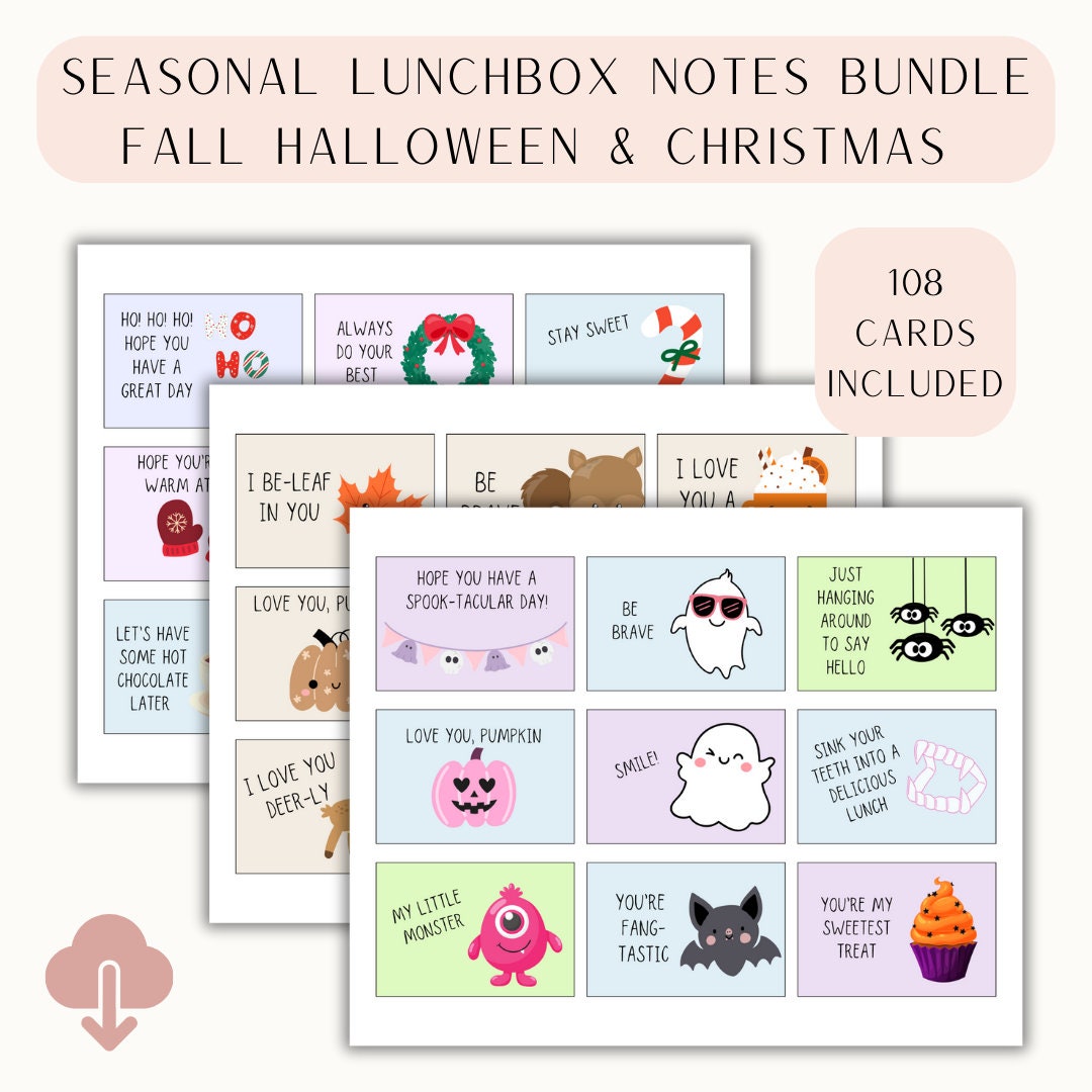 Lunch Box Notes for Kids, Christmas, Halloween, and Fall Lunchbox Notes ...