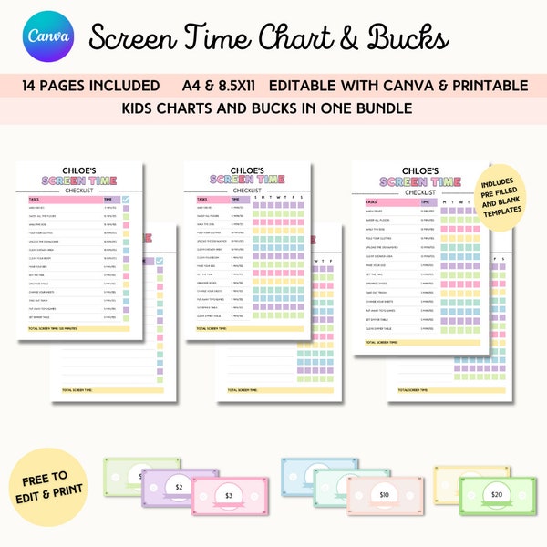 Editable Screen Time Checklist Screen Time Chart Daily - Etsy